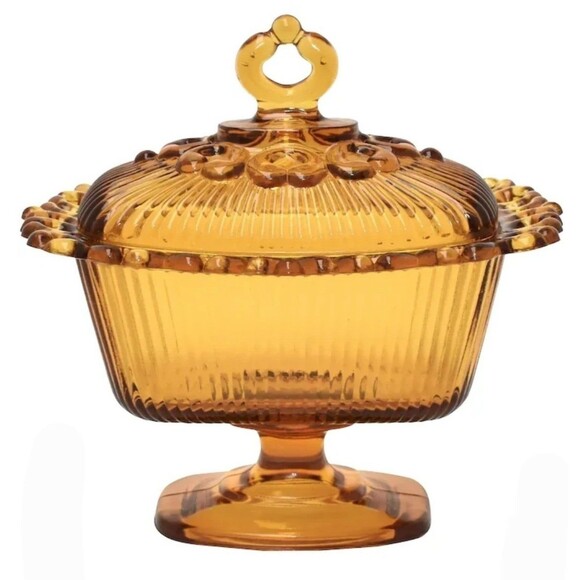 Indiana Glass | Dining | Vintage Indiana Glass Lace Edge Amber Covered ...